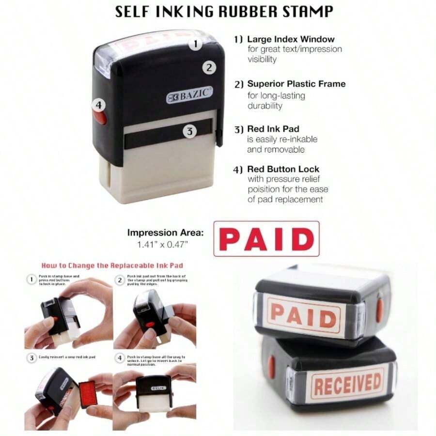 Paid Self - Inking Stamp With Red Ink Office, Business, And Documents, Easy Refillable Pad ...