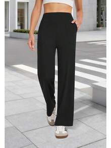 Wide Leg Pants Woman High Waist Yoga Pants With Pockets Loose Stretch ...