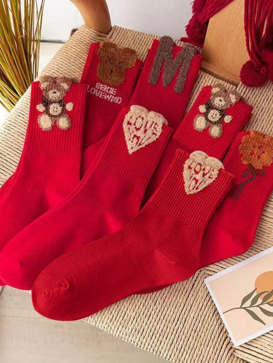 5 Pairs Random Socks, Auspicious Red Socks For Women In Autumn/Winter ...