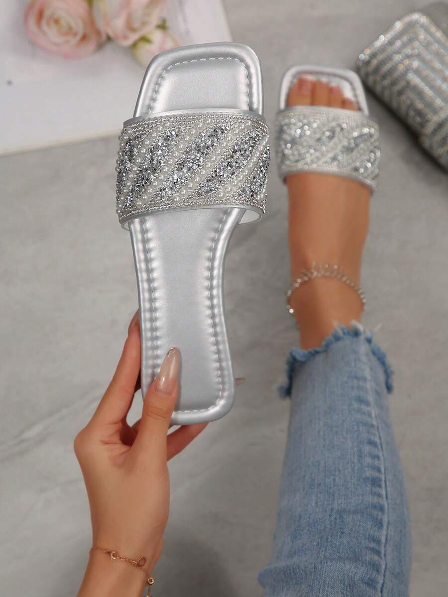 Women's Flat Sandals, Summer Pearl & Rhinestone Embellished Shiny Open ...
