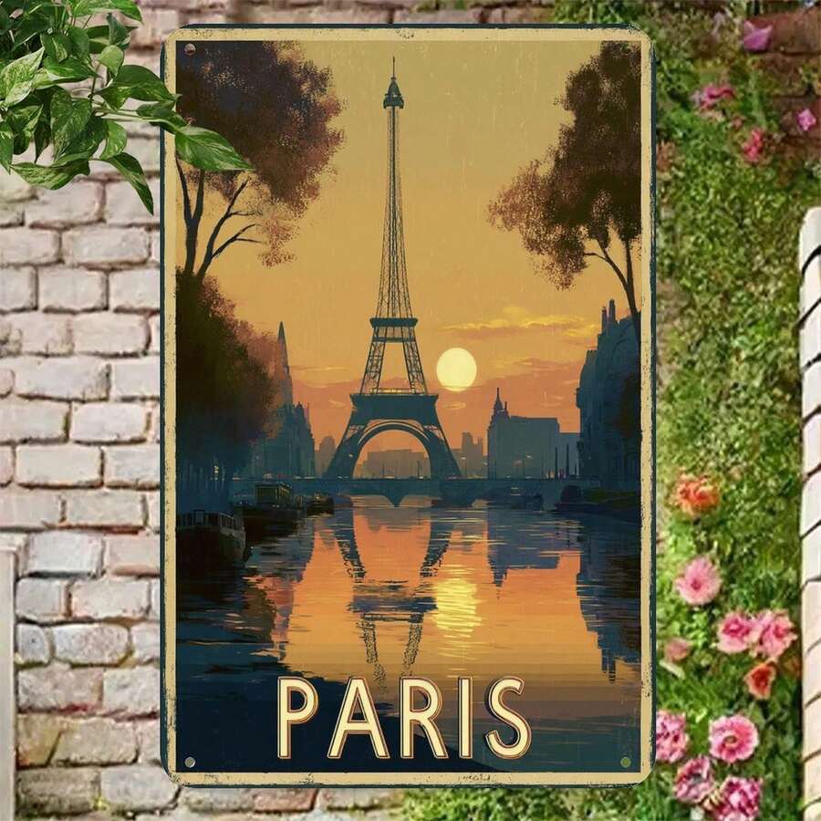 2D FlatParis Eiffel Tower Sunset Reflection Vintage Metal Sign Print ...