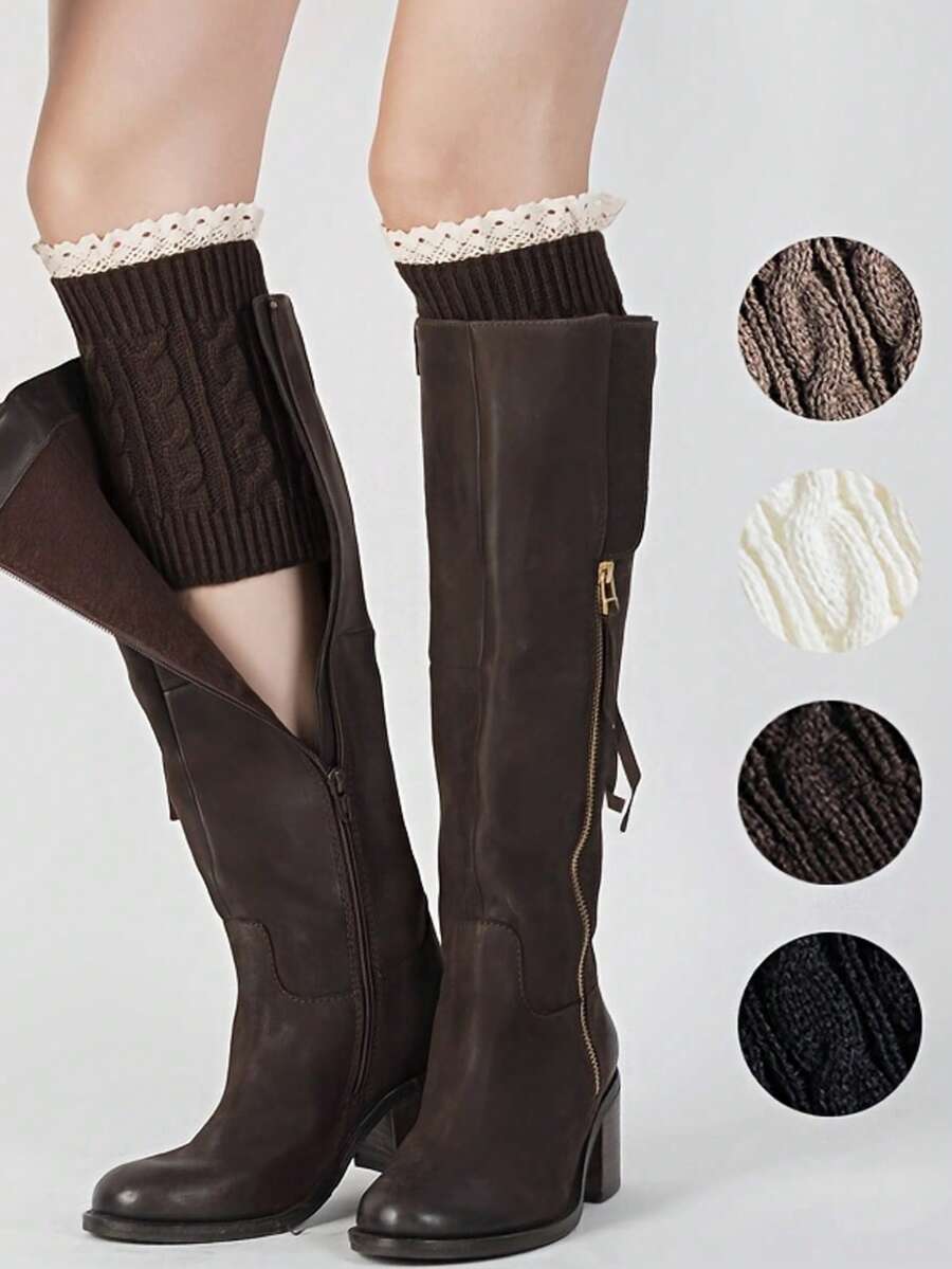 Women's Winter Short Leg Warmers, Thick Warm Lace Trim Shoe Covers ...