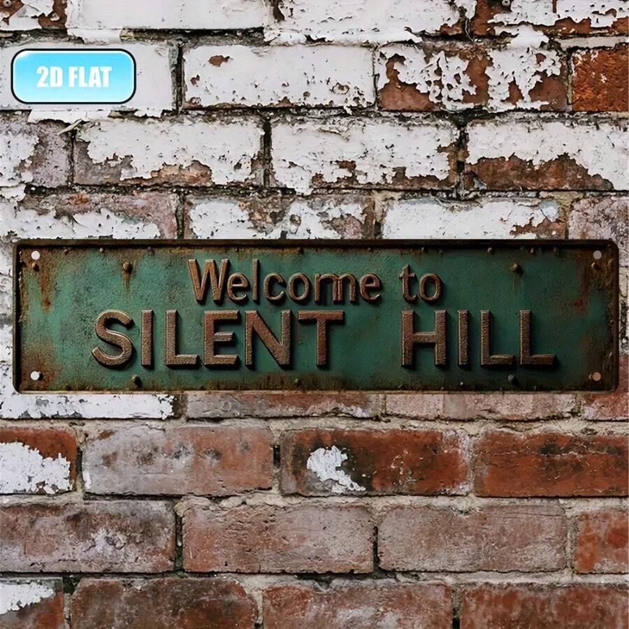 2D Flat, 1pc Vintage "Welcome To Silent Hill" Metal Sign - Rustic Green ...