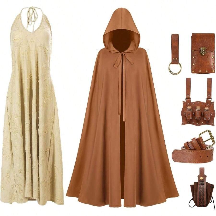 Renaissance Costume Women Medieval Dress Hooded Leather Accessories Ren ...