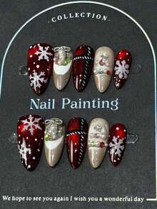 10pcs Almond-Shaped Press On Nails, Christmas Nails, Red Glittery Cat ...