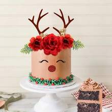 10 Pcs Christmas Cake Toppers Reindeer Deer Antlers Rose Green Leaves ...
