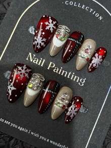 10pcs Almond-Shaped Press On Nails, Christmas Nails, Red Glittery Cat ...