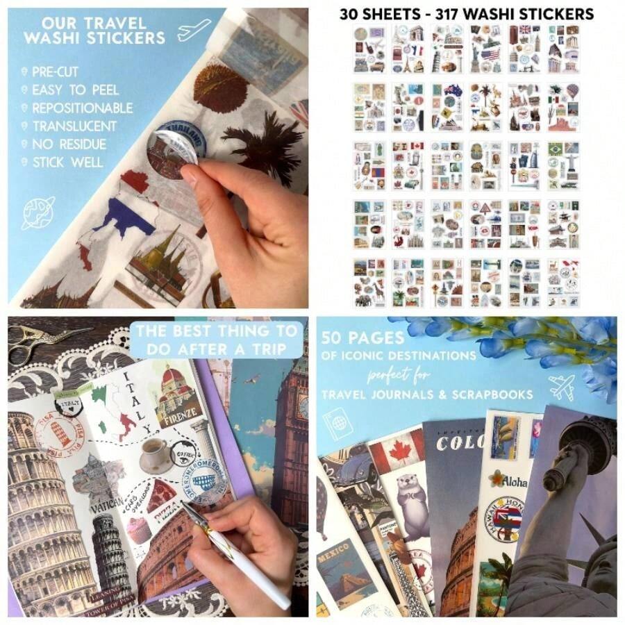 300+ Travel Stickers 20 A5 Papers - Pre - Cut Washi Stickers Journaling ...