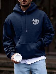 Felpa con cappuccio da uomo con stampa di slogan e montagna, con tasche ...