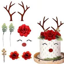 10 Pcs Christmas Cake Toppers Reindeer Deer Antlers Rose Green Leaves ...