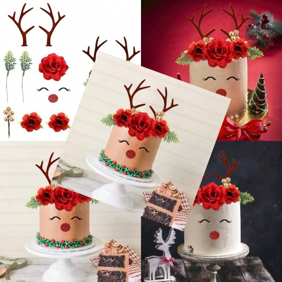 10 Pcs Christmas Cake Toppers Reindeer Deer Antlers Rose Green Leaves ...