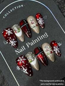 10pcs Almond-Shaped Press On Nails, Christmas Nails, Red Glittery Cat ...