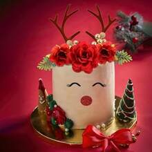 10 Pcs Christmas Cake Toppers Reindeer Deer Antlers Rose Green Leaves ...