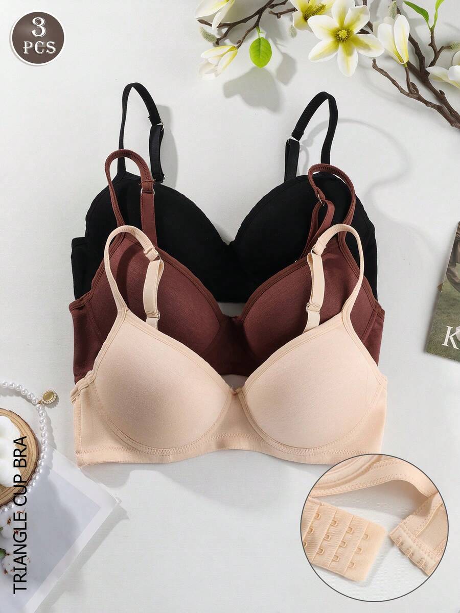 3Pcs Solid Seamless Push Up Bras --Three-Breasted Adjustable Shoulder ...