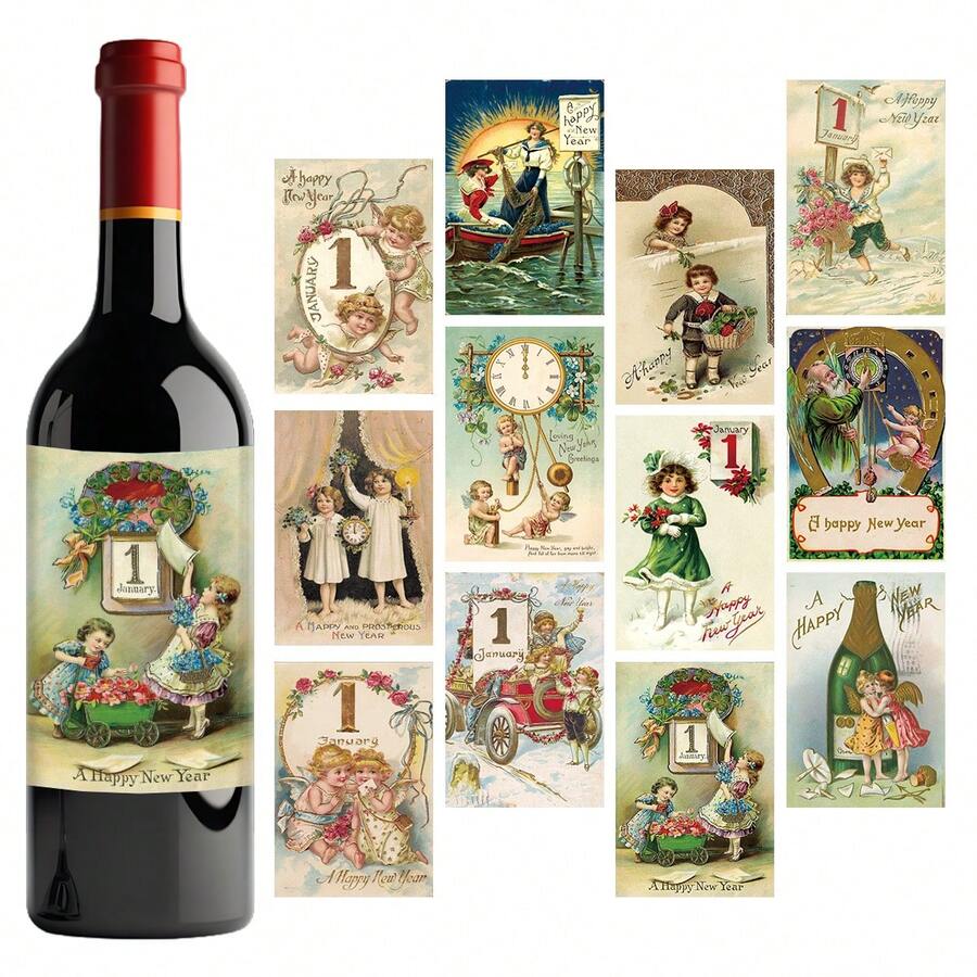 12pcs Vintage New Year Wine Bottle Stickers, Retro Wine Bottle Labels ...