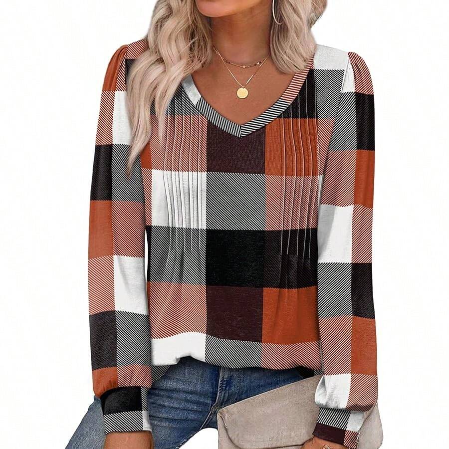 Alaroo Womens Long Sleeve Shirts Pleated V Neck Curved Hem Fall Winter ...