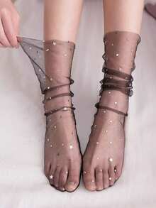 3 Pairs Transparent Mesh Shiny Star Mid-Calf Socks, Backless Design ...