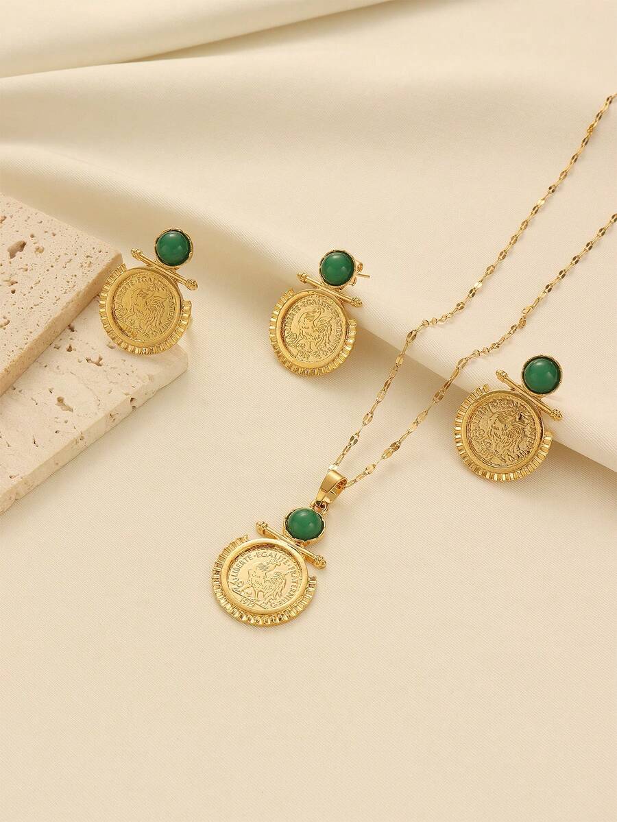 1 Set Vintage Copper Alloy Gold-Plated Green/Blue Beaded Coin Pendant ...