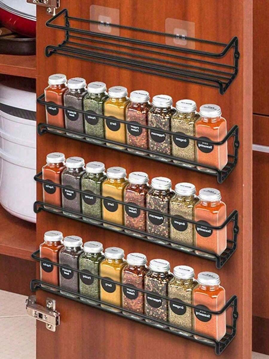 1pc Black Metal Spice Rack, No Drill Mark Wall Mount Or Screw ...