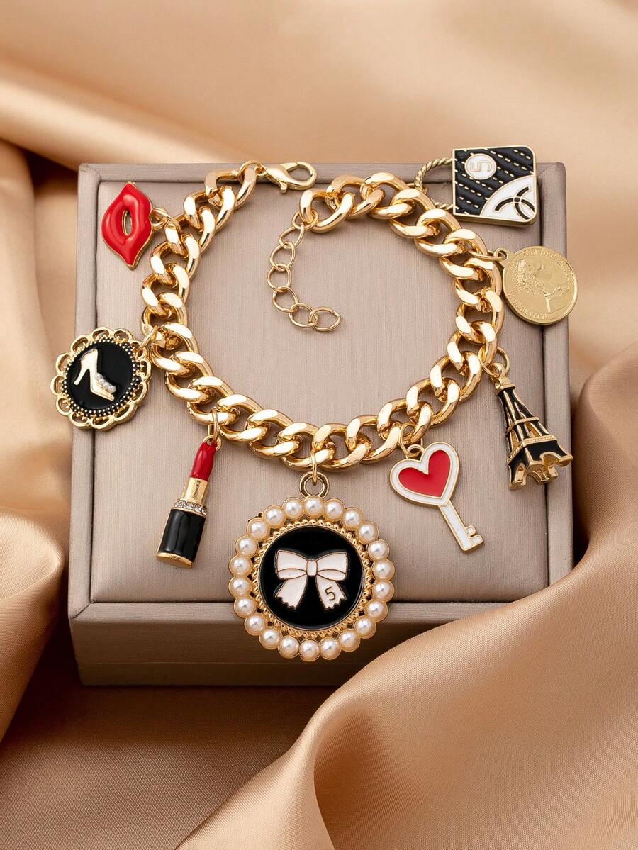 1 Pair Enameled Lipsticks Heart Bow Coin Charm Bracelet, Golden Color ...