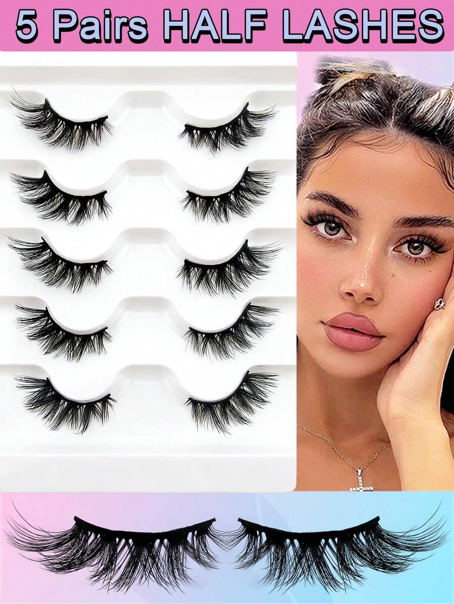 5 Pairs Half False Eyelashes Wispy Cat Eye Look Natural Short Small 3/4 ...