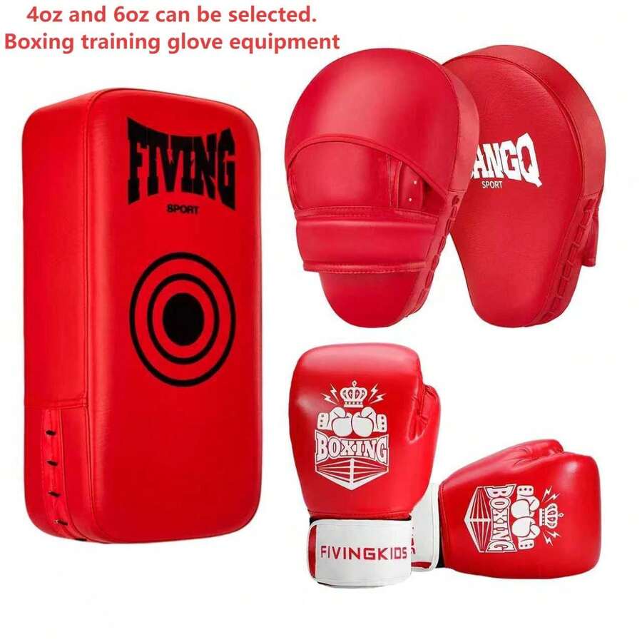 1 Set Red PU Leather Boxing Gloves, Hand Pads, Foot Pads Combo. Martial ...