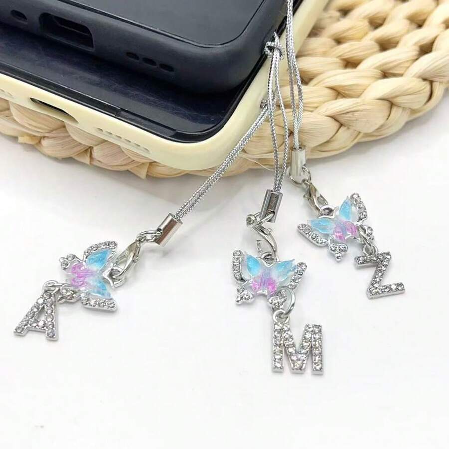 1pc Rhinestone Silver Letter A-Z Colorful Butterfly Phone Charm for ...