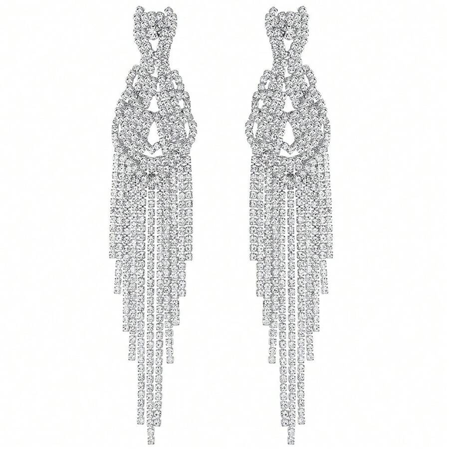 Mecresh Silver Rhinestone Crystal Bridal Chandelier Long Tassels Dangle ...