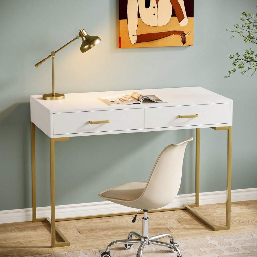 Tribesigns Modern Computer Desk With 2 Drawers, White And Gold PC Desk ...