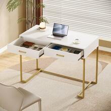 Tribesigns Modern Computer Desk With 2 Drawers, White And Gold PC Desk ...