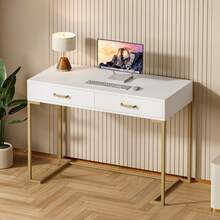Tribesigns Modern Computer Desk With 2 Drawers, White And Gold PC Desk ...
