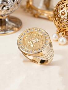 1pc Vintage Rhinestone-Edged Round Coin Ring For Women,Suitable Daily ...