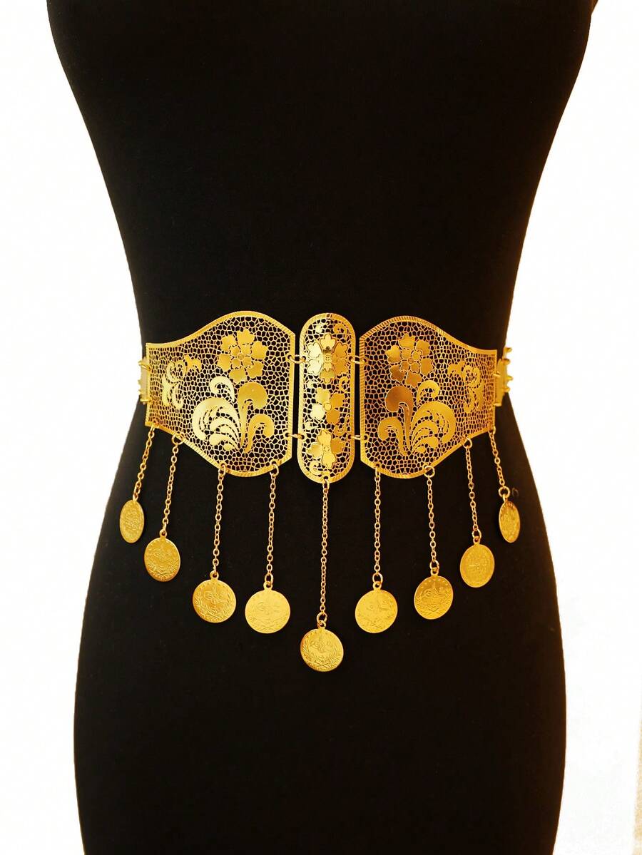 1pc Gold Coin Tassel Belt Chain Hollowly Carved Flower Pattern Gold ...