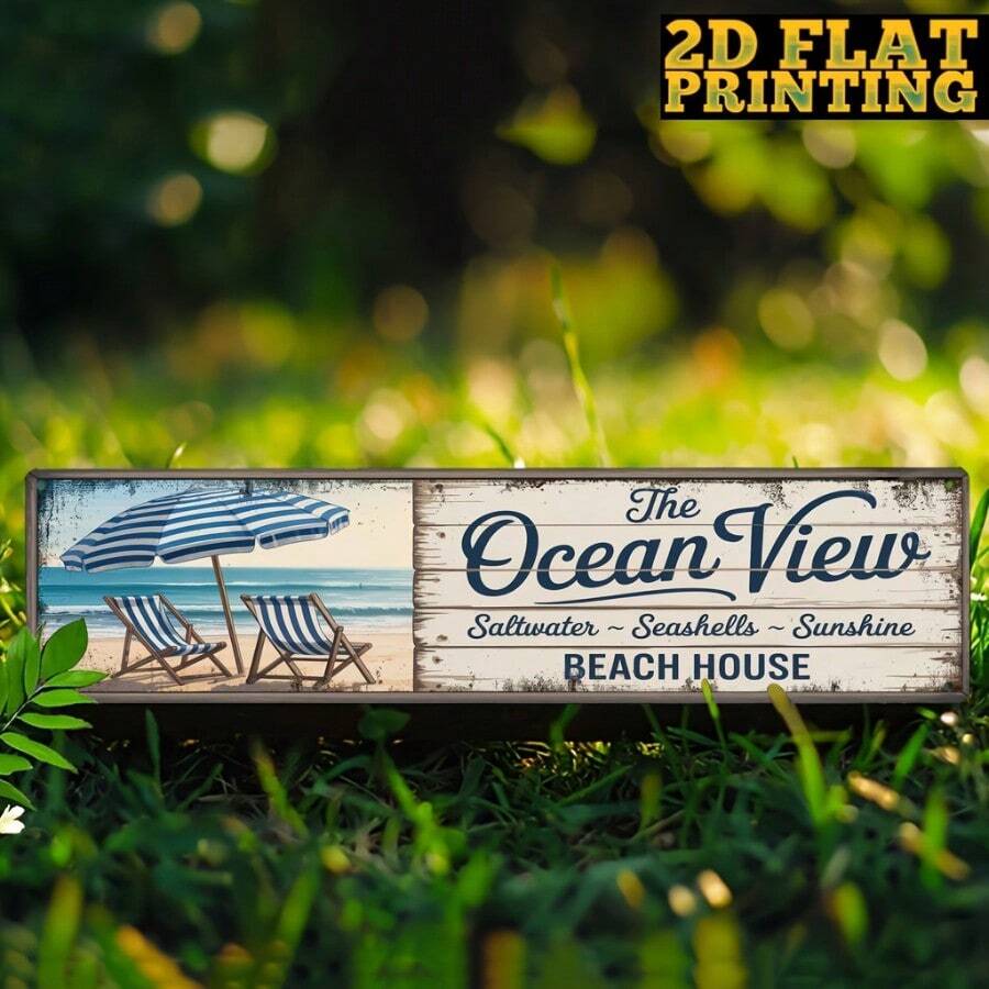2D Flat, 1pc Vintage "The Ocean View Beach House" Metal Sign - 10.16x40 ...