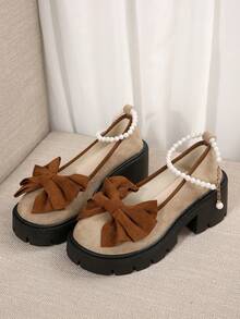 Damen Plateau Mary Jane Schuhe mit Schleife, runde Zehenkappe ...