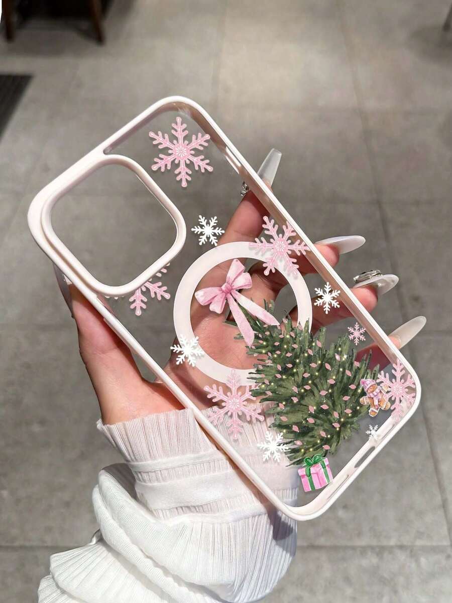 Pink Snowflake Christmas Tree Pattern Magnetic Ring Phone Case For ...