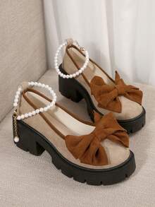 Damen Plateau Mary Jane Schuhe mit Schleife, runde Zehenkappe ...