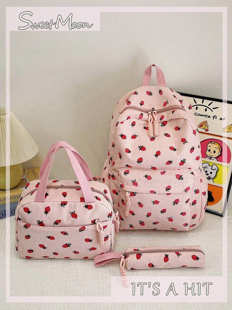 3pcs Pink Corduroy Casual Fresh Strawberry All-Over Print Large ...