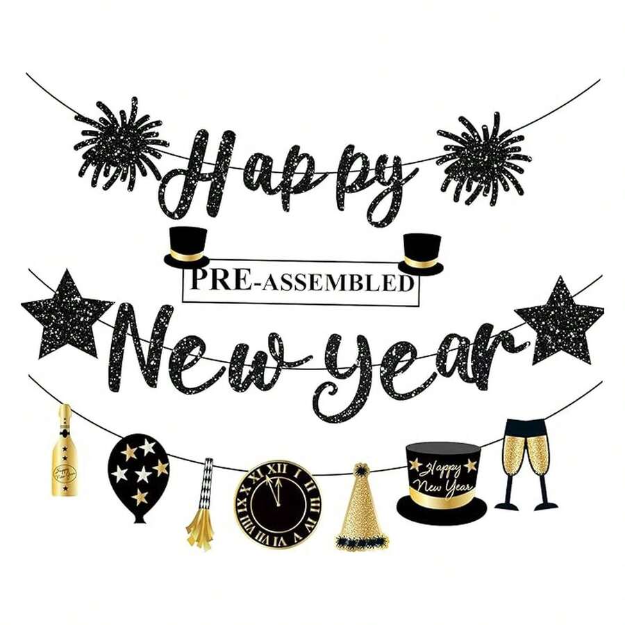 Happy New Year Banner Black Glitter Pre-Strung NYE Sign Banner For ...