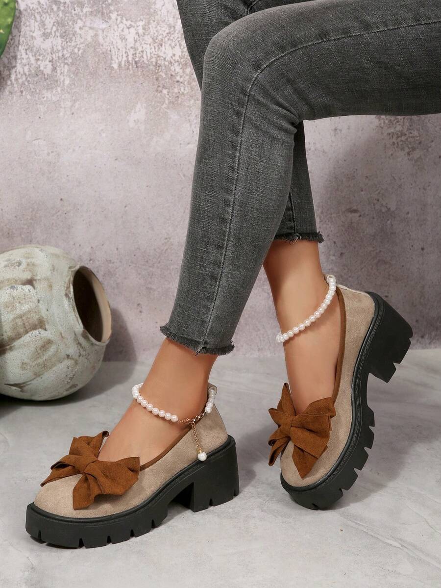 Damen Plateau Mary Jane Schuhe mit Schleife, runde Zehenkappe ...