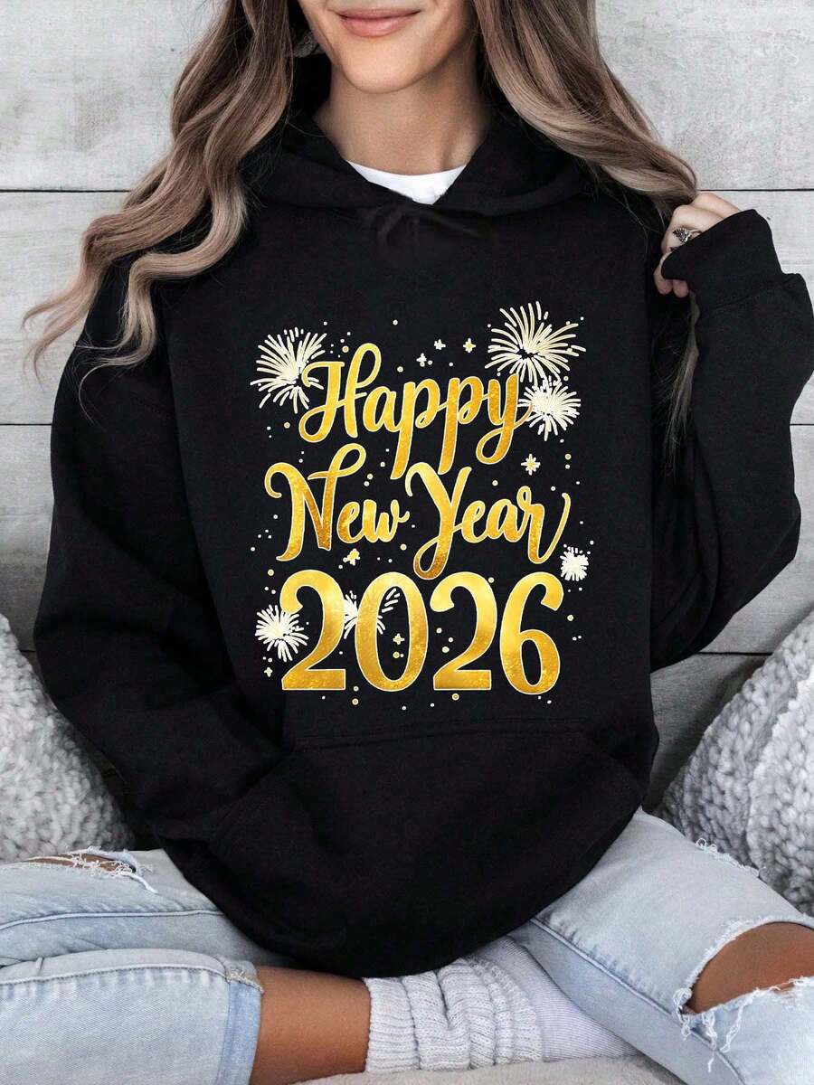 Happy New Year 2026 Fireworks Gold Print Women's Hoodie Party ...