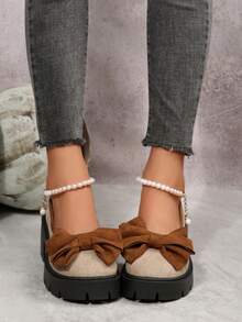 Damen Plateau Mary Jane Schuhe mit Schleife, runde Zehenkappe ...