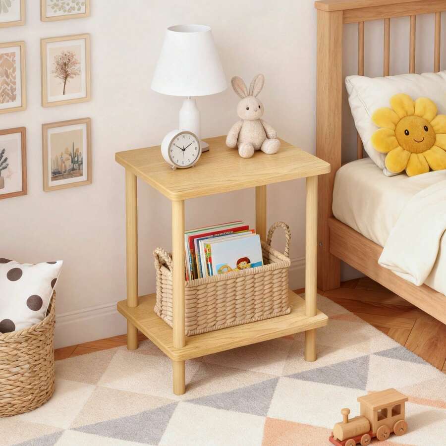 Tomnk Kids Bedside Table, Natural Wood Nightstand With Rounded Corners ...