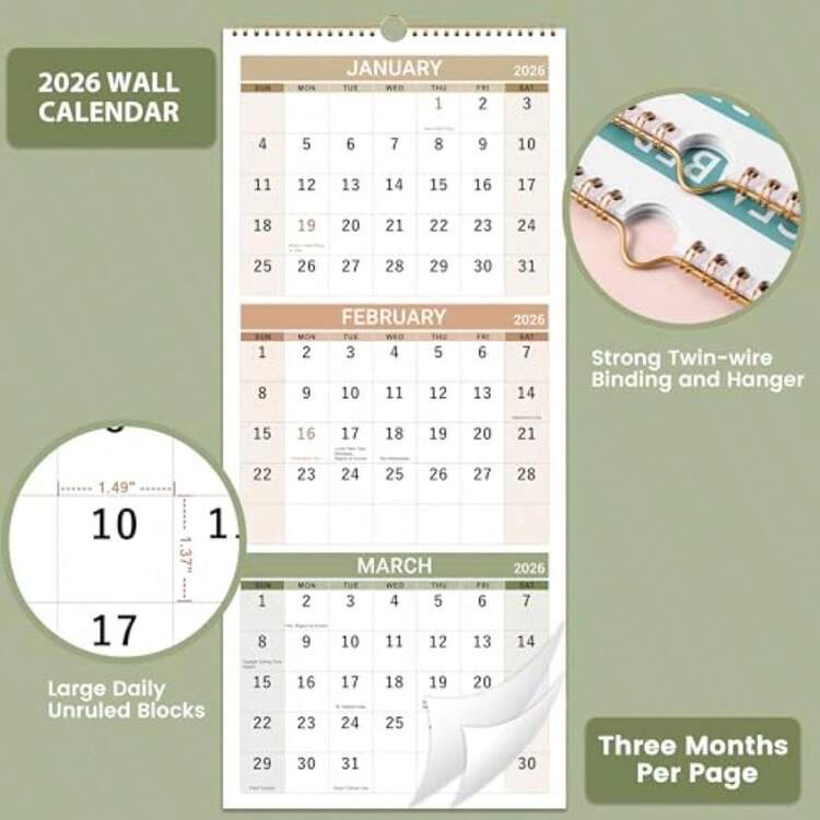 CZ 2026 Wall Calendar 3 Month Calendar 2026 Vertical Jan 2026 Dec 2026 ...