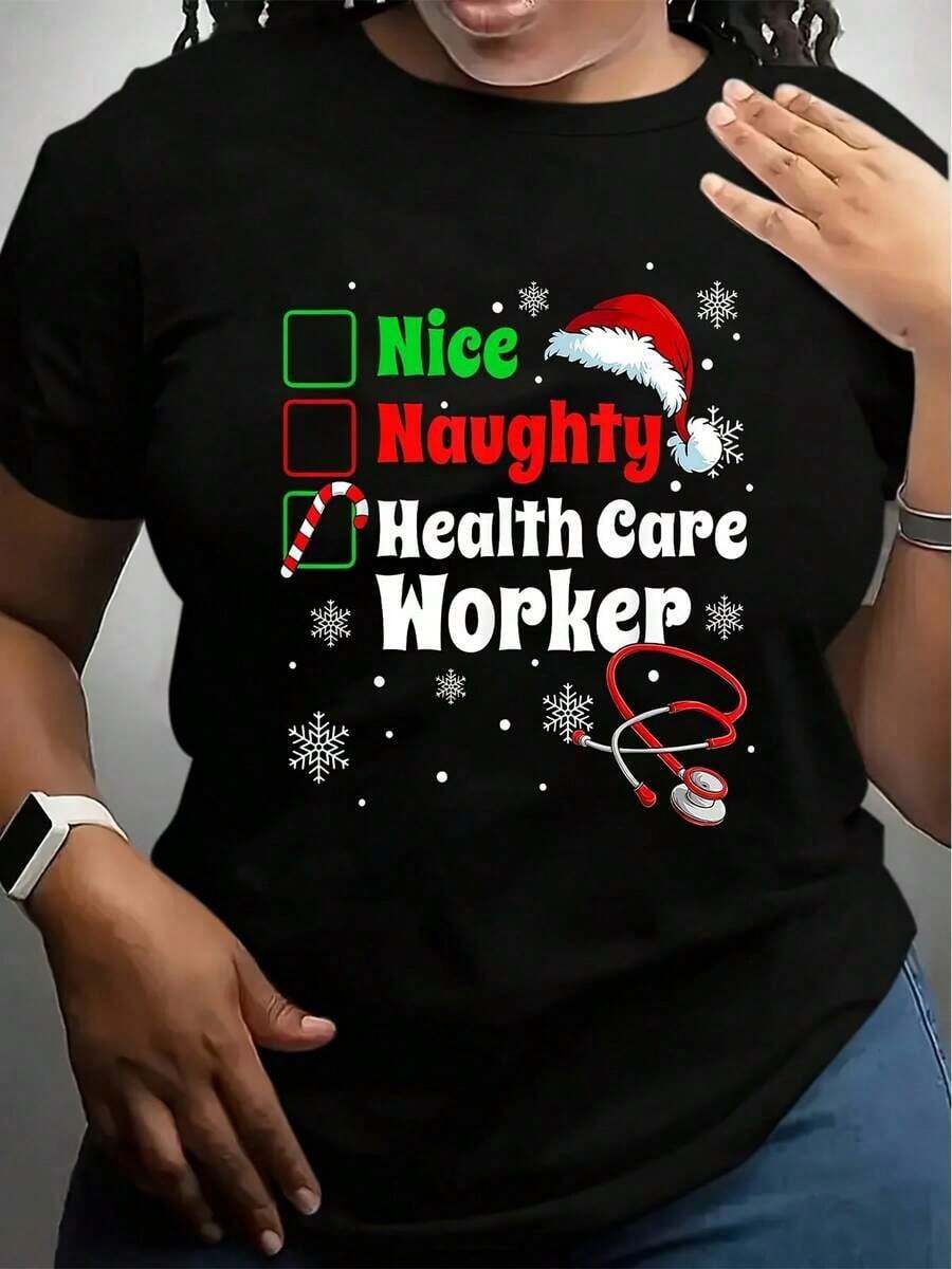 Women'S Fun Christmas Nice, Naughty, Health Care Worker Scrub Top T ...