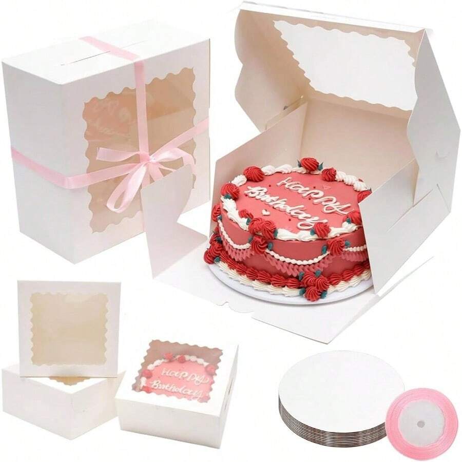10 Pcs Cake Boxes With 10 Pcs Cake Boards And 1 Roll Pink Ribbon, Cake ...