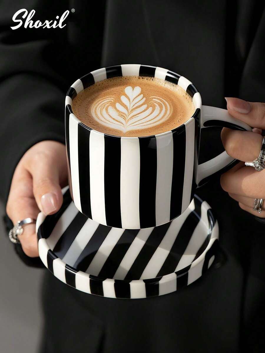 shoxil 1set Nordic Style Stripe Ceramic Cup & Saucer Set, Ins Style ...