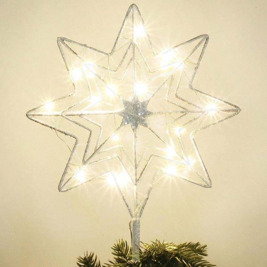 Hogardeck Christmas Tree Topper, Glittered Silver 8-Pointed Star Tree ...