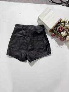 Women's Black Coated Fabric Mini Shorts With Zipper Detail, Stretchy ...
