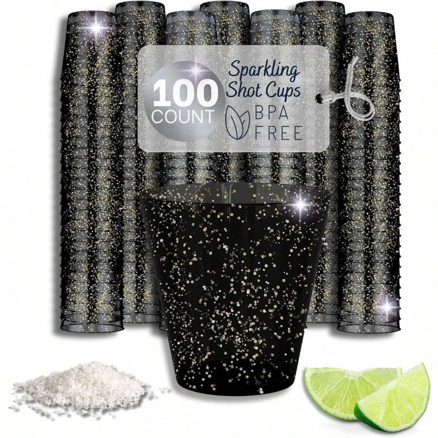 D100 BLACK And GOLD SPARKLE SHOT GLASSES 1oz Disposable Drink Party ...